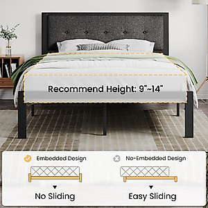 SHA CERLIN Full Size Metal Platform Bed Frame with Upholstered Button Tufted Headboard, Easy Assembly, Dark Grey