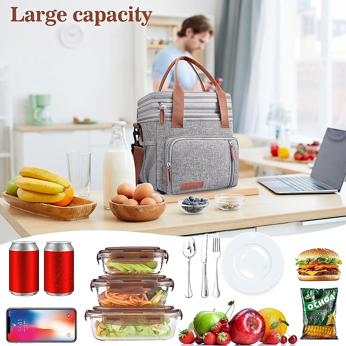 LOKASS Lunch Bag for Women/Men Work, 16L Expandable Double Deck Lunch box, Waterproof Leak-proof Cooler Bag, Portable Meal Prep Lunchbag with Adjustable Shoulder Strap-Grey