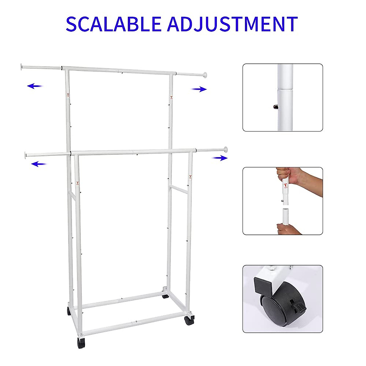 Fishat Simple Standard Double Rod Clothing Metal Garment Rack, Rolling Clothes Organizer on Lockable Wheels (White)