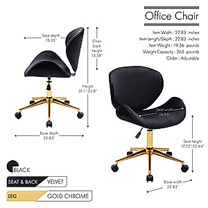 Porthos Home Tyas Swivel Office Chair, Luxurious Velvet Upholstery, Curved Back, Height Adjustable Gaslift Seat and Stylish Gold Chrome Base, Armless Design for Small Office and Home Studio