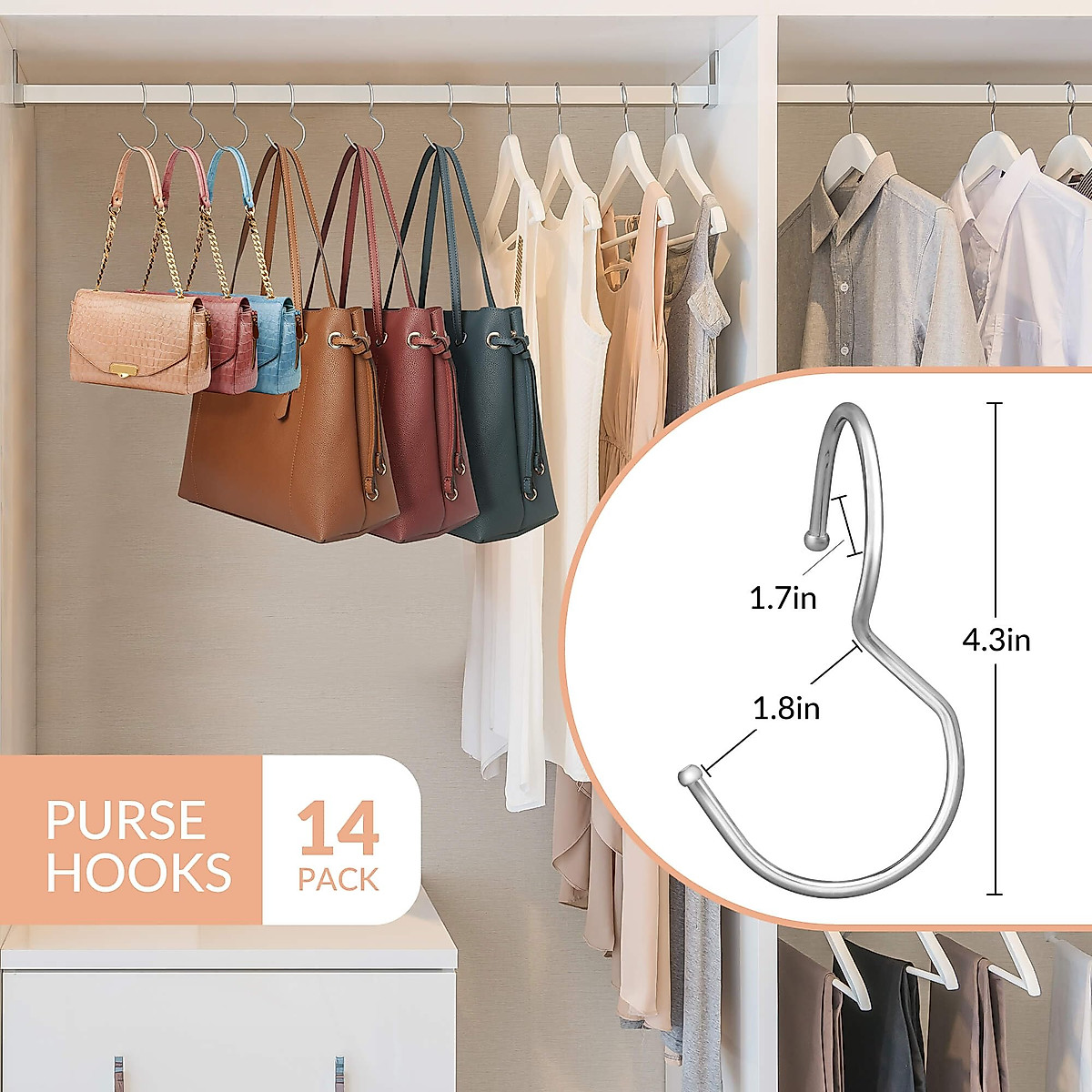 ZEDODIER 14 Pack Purse Hooks for Closet, Backpack Hanger Bag Holder, Closet Accessories Organizer S Hook for Hanging Purses, Handbags, Bags, Belts, Scarves, Hats, Clothes, and Plant, Silver
