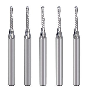 1/8 Inch Down Cut Single Flute (O Flute) Spiral End Mill CNC Router Bits ,with 1/16 Inch Cutting Dia，25/64 Inch Cutting Length for Acrylic PVC MDF Wood Pack of 5 (3.175*1.5*10mm)