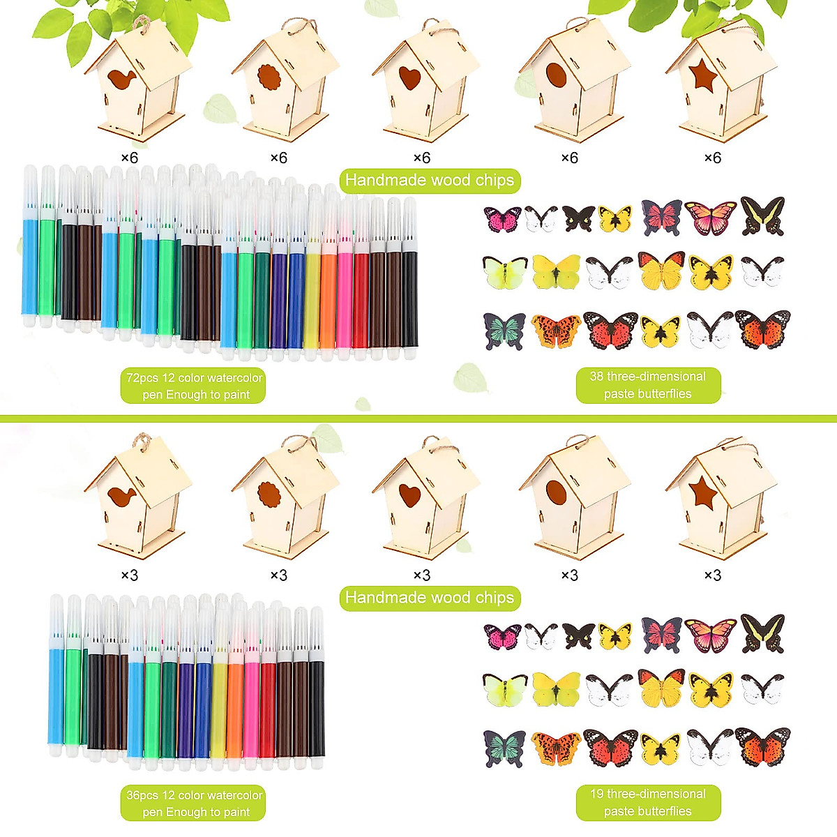 Outus Wooden DIY Craft Doodle Small Bird House Set Include Unfinished Wood Mini Bird House to Paint and Watercolor Paint Pen and 3D Butterfly Wall Sticker Decals for Kids Adults (15 Sets)