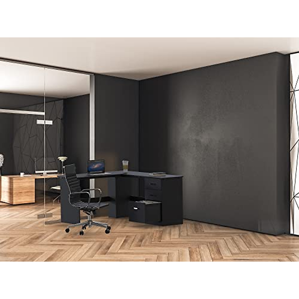 SHW L-Shaped Home Office Wood Corner Desk with 3 Drawers