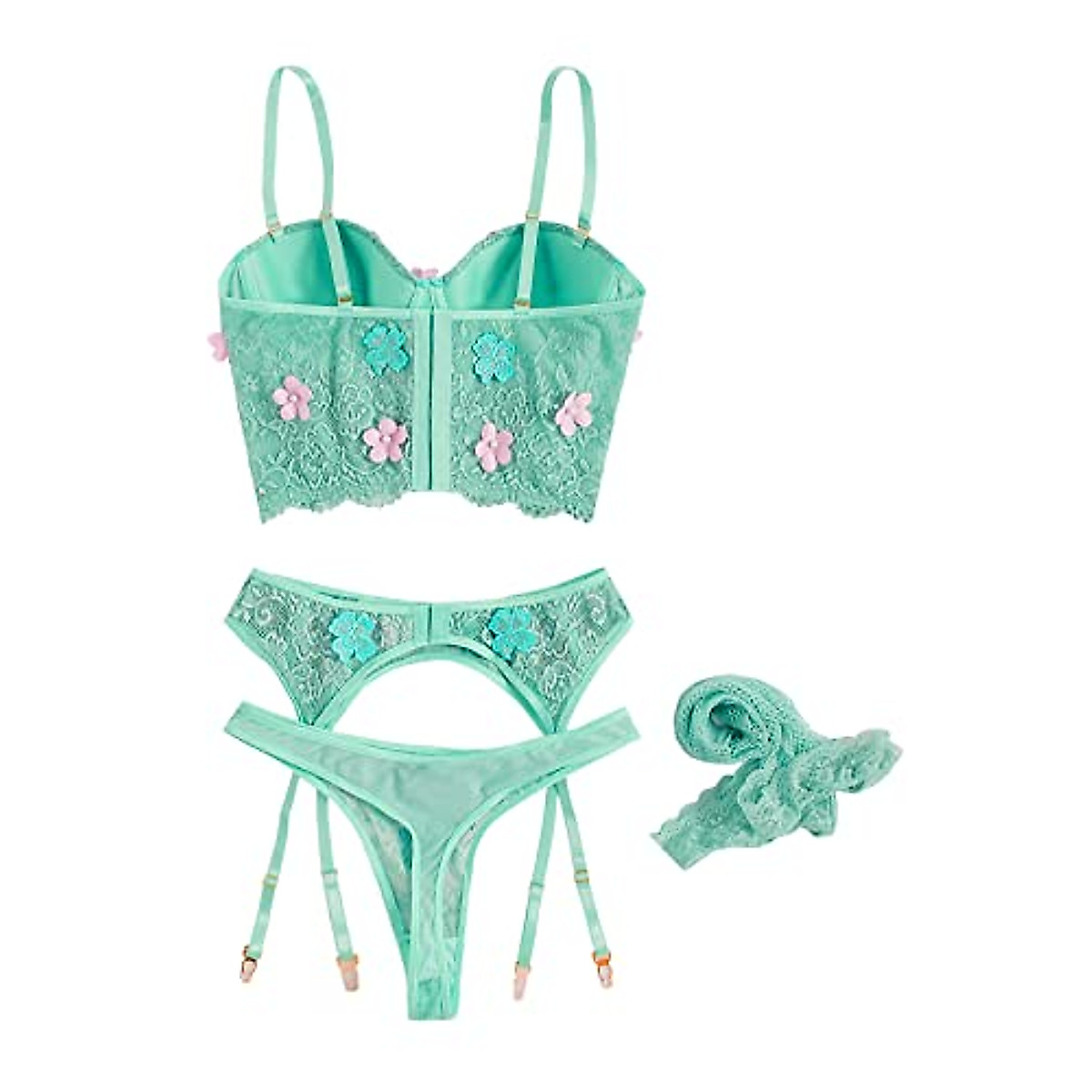 WDIRARA Women's Floral Lace Embroidered Push Up Garter Lingerie Set with Stockings Green M