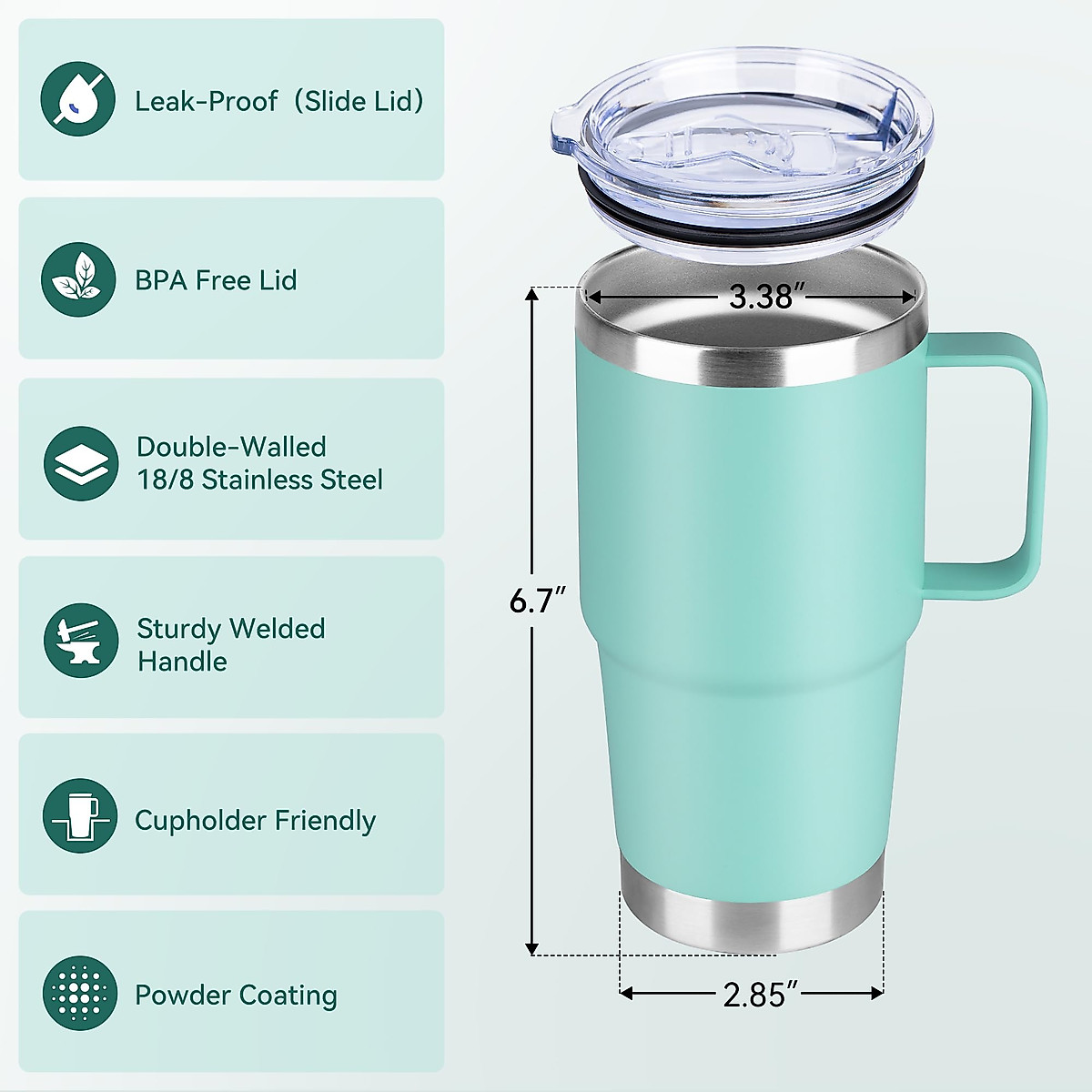 HASLE OUTFITTERS 20oz Tumbler with Lid, Stainless Steel Tumbler with Handle, Metal Insulated Travel Coffee Mug with Handle, Double Wall Vacuum Spill Proof Tumbler Cup, Mint Green 1 Pack