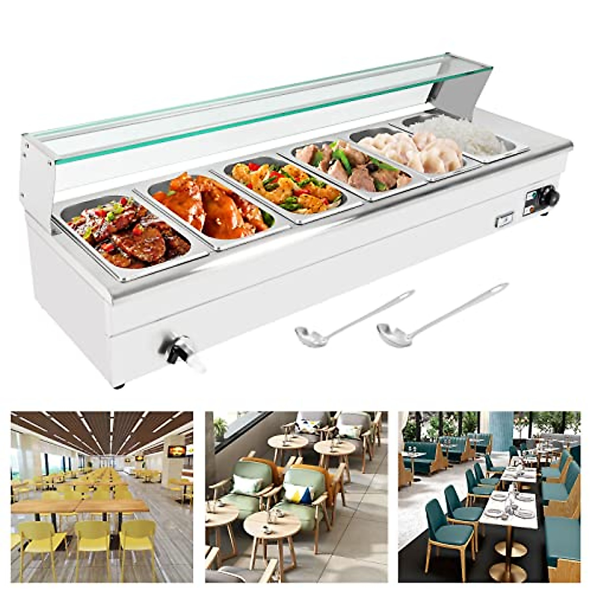 Countertop Food Warmer Stainless Steel Buffet Pan Soup Warmer with Glass Cover Electric Food Steam Table Server Table for Catering Restaurants Parties, 6 Pans,1.2kW,110V (Style 1)