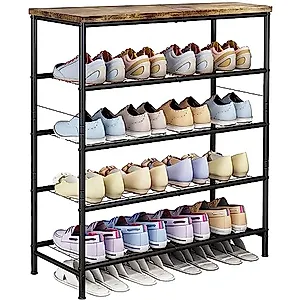 SUOERNUO Shoe Rack Organizer 5 Tier for Closet Entryway Free Standing Metal Storage Shoe Shelf with MDF Top Board，Black+Rustic Brown
