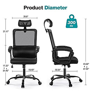 Home Office Chair Ergonomic Computer Desk Chair Mesh High Back Adjustable Height Executive Task Chair with Lumbar Support, Headrest, Padded Armrest, 360° Swivel Rocking Function,Black