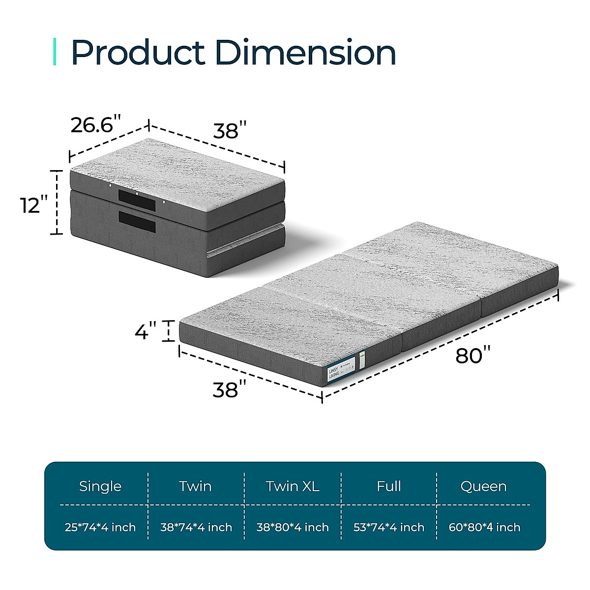 LINSY LIVING Twin XL Folding Mattress, 4 Inch Trifold Mattress with Soft Cover, Memory Foam Mattess, Foldable, Portable, Remoable&Washable Cover, Easy Storage, Twin XL Siz, 80" * 38", Grey