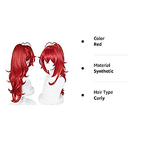 SL Red Ponytail Wig for Diluc Cosplay Wig Anime Long Curly Fluffy Pigtail Wigs with Bangs for Halloween Party + Cap (Red)