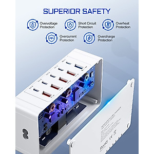 Aergiatech USB C Charger Station, 10-Port 100W Charging Hub with PD3.0 and QC3.0 Fast Charging for Multiple Devices, Compatible with iPhone 15/Pro/14/13, iPad Air/Pro, Galaxy -White