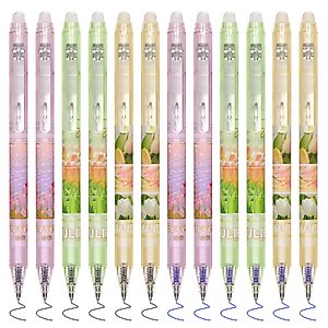 Temiary 12Pcs Cute Erasable Gel Pens, Make Mistakes Disappear, 0.5mm Fine Point Smooth Writing for Planner, Blue and Black Ink Pen No Smudge for School Office Supplies (Romantic)