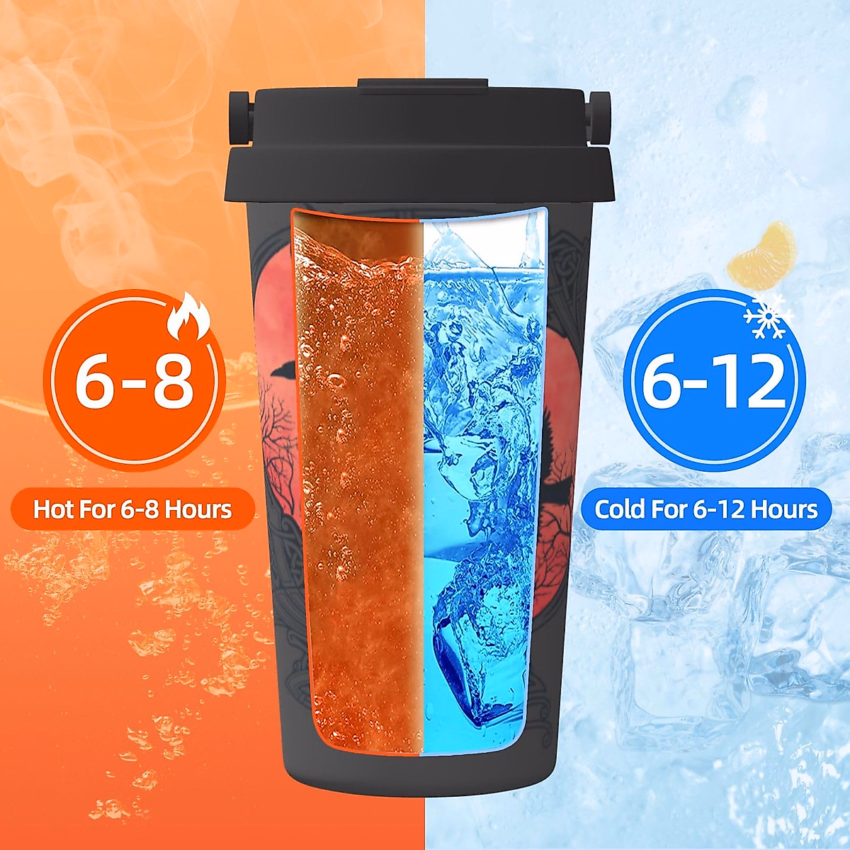 Vikings Norse Odin Ravens 16oz Stainless Steel Travel Mug - Spill Proof Lid, Keeps Hot & Cold For Hours - Tea & Drink Thermos