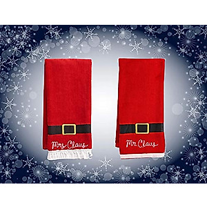 St. Nicholas Square Christmas Towels, Red Bath Hand Towel Set of 2, Mr. & Mrs. Claus with Santa Belt Decorative Design 25 x 16 Inches Bathroom Decorating for The Holidays
