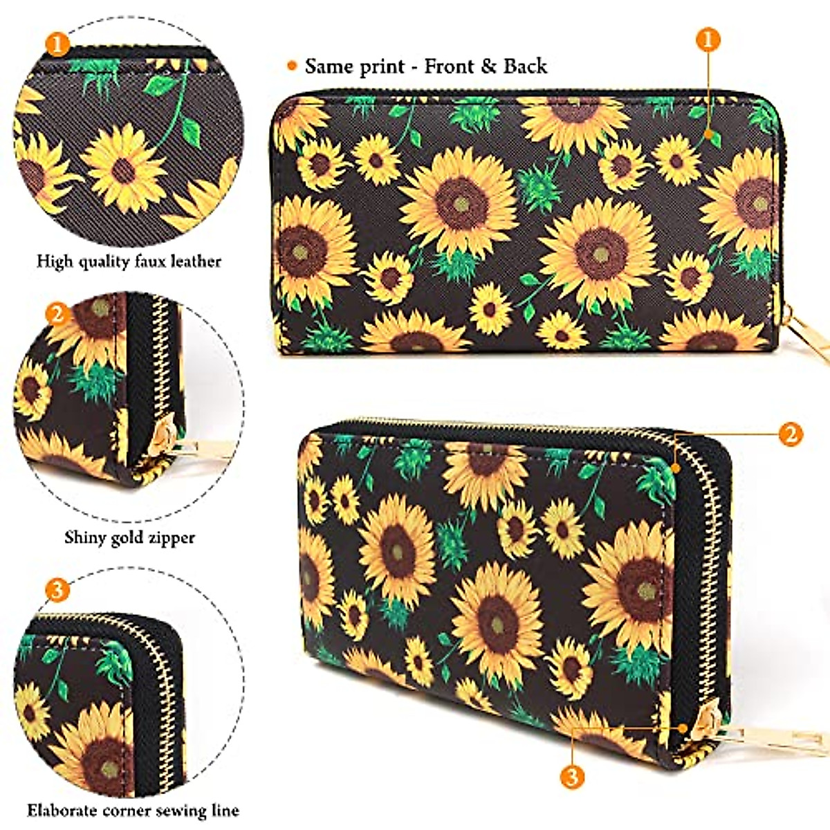 SM FASHION SM Women Sunflower | Tie dye PU Long Wallet with Zipper Closure Card Slots Zippered Coin Pouch (Sunflower - Black) SMLOA
