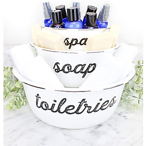 AuldHome Enamelware Spa Basin Set (Set of 3); White Rustic Farmhouse Decor Spa Bowls for Bathroom Storage and Home Decor