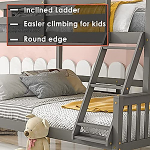 Unovivy Twin Over Full Bunk Bed with Trundle, Bunk Beds Twin Over Full Size with Guardrails and Ladder, Suitable for Kids, Teens, No Box Spring Needed, Gray