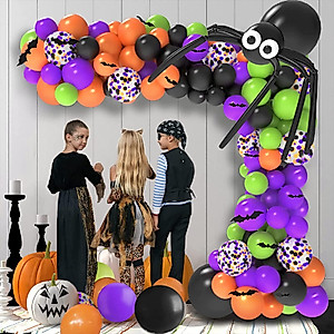 Halloween Balloon Garland Kit with Spider Bat Balloon Black Orange Purple Green Confetti Long Balloons 3D Bat Sticker for Halloween Theme Party Supplies Classroom Background Decorations