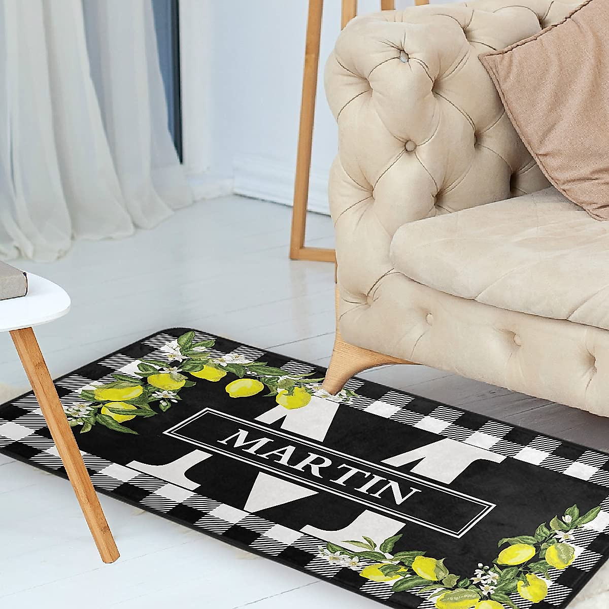 Custom Family Name Buffalo Plaid with Lemon Doormat Non-Slip Anti Fatigue Personalized Kitchen Rug 39 x 20 Inch Personalized Comfort Entryway Door Mats Perfect Carpet for Home Decor