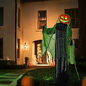 Hourleey Halloween Decorations Outdoor, 6 FT Light Up Ghost Pumpkin with Sound Activation, Animated Pumpkin Decorations for Yard Party Porch Haunted House Prop Decor