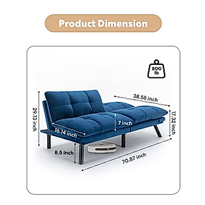 Miscoos Velvet Convertible Futon Sofa Bed, 71" Comfy Loveseat Sleeper Sofa with Adjustable Backrest Armrest, Strengthen Wood, Thick Cushion, Small 2 Seater Futon Couch for Living Room Bedroom