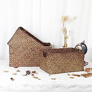 Hipiwe Seagrass Storage Opened Baskets Bin for Shelf Organizing Handwoven Wicker Baskets Rectangular Decorative Basket Closet Bedroom Organizer Bin Box Multipurpose Storage Basket with Handle