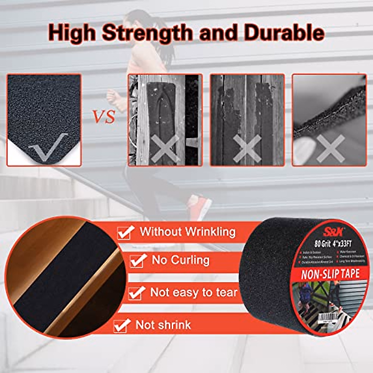 S&X Anti Slip Tape, 4Inch x 33Ft Grip Tape, Black