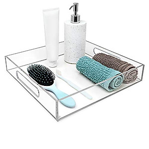 Isaac Jacobs Clear Acrylic Serving Tray (15x15) with Cutout Handles, Spill-Proof, Stackable Organizer, Space-Saver, Food & Drinks Server, Indoors/Outdoors, Lucite Storage Décor & More