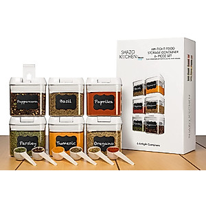 Shazo Airtight 6 Pc Spice Containers Set + 6 Spoons - Durable Clear Plastic Food Storage Containers with Lids - Kitchen Cabinet Pantry Organization for Spices, Herbs, Coffee, Tea etc