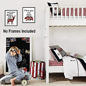 HLNIUC Woodland Animals Buffalo Plaid Nursery Wall Art,Red&Black Forest Deer Art Print,Set Of 6 (8”X10”,Unframed) Inspirational Kids Room Canvas Poster,Little Man Cave Decor For Boy Bedroom,Playroom