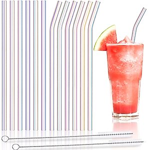 NiHome Reusable Glass Drinking Straws Clear 12-Pack, 8"x0.3" Set of 6 Straight and 6 Bent with 2 Cleaning Brushes for Milkshakes, Frozen Drinks, Smoothies, Eco-Friendly Dishwasher Safe