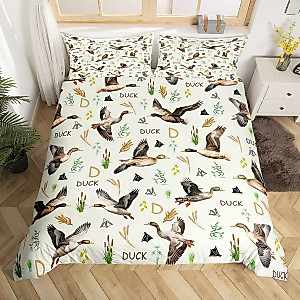 Feelyou Mallard Duck Duvet Cover Twin, Hunting and Fishing Bedding Set Green Duck Comforter Cover Wild Animal Bedspread Cover Breathable Bedding Collection 2Pcs (No Comforter)
