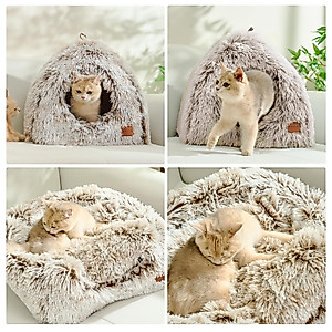 CATISM Cat Bed, Cat Cave for Indoor Cats, Soft Cat Dome, Self-Warming 2 in 1 Foldable Pet Cat House with Washable Cushioned Pillow Calming Fluffy Dog Beds for Small Dogs with Anti-Slip Bottom Brown