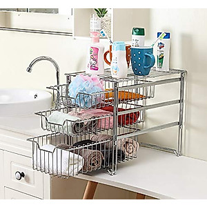TQVAI 3 Tier Under Sink Organizer Sliding Pull Out Shelves, Stackable Kitchen Cabinet Organizer with Drawer,