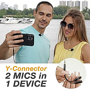 PowerDeWise Professional Grade 2 Lavalier Clip-On Microphones Set for Dual Interview - Double Lav Lapel Microphone - Use for iPhone Phone Camera - Blogging Video Recording Noise Cancelling 3.5mm Mic