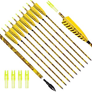ARCHERY SHARLY 31Inch Carbon Arrow Practice Hunting Arrows for Recurve & Compound Bow with 5" Yellow Camo Turkey Feathers, Arrows with Removable Tips & replaceable nocks (Pack of 12)