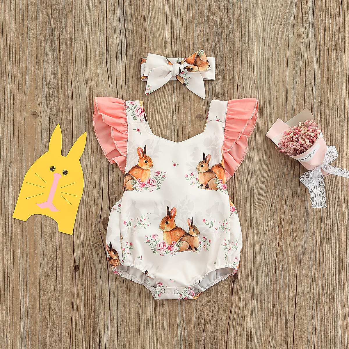 RSRZRCJ Infant Baby Girl Easter Clothes Cute Rabbit Strappy Suspender Overall Ruffle Romper Jumpsuit Bodysuit One Piece (Two Rabbits with Flowers, 0-6 Months)