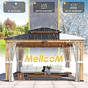 MELLCOM 13' x 15' Asphalt Hardtop Gazebo, Spruce Wood Double Roof Gazebo with Curtains and Meshes, Canopy Gazebo with Waterproof Coated Wood Frame for Patios, Gardens, Lawns, and Backyards