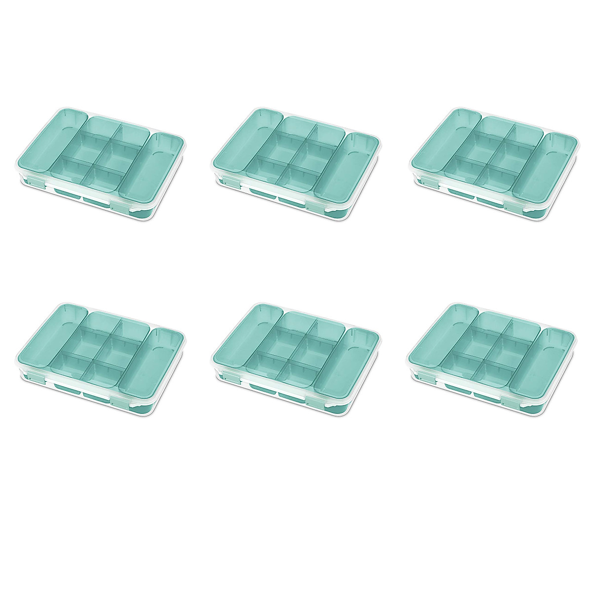 Sterilite Divided Case, Stackable Plastic Small Storage Container with Latch Lid, Organize Crafts, Small Hardware Items, Clear with Blue Trays, 6-Pack