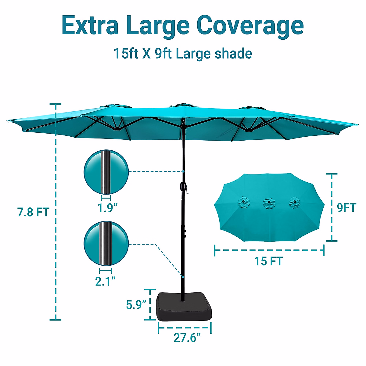 Bigroof 15ft x 9ft Patio Double-Sided Umbrella with Base & Crank, Extra Large Rectangular Outdoor Umbrella for Patio, Lawn & Garden, Beige (Turquoise)