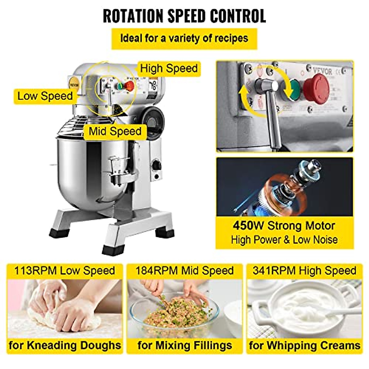 VEVOR Commercial Food Mixer, 10Qt Commercial Mixer with Timing Function, 450W Stainless Steel Bowl Heavy Duty Electric Food Mixer Commercial with 3 Speeds Adjustable, Perfect for Bakery Pizzeria