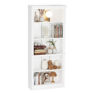 Furniwell Bookcase Bookshelves, 5-Shelf Tall Bookcase 72" Wood Open Display Floor Bookshelf, Large Storage Organizer for Library, Bedroom, Living Room (White)