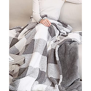 Panku Plaid Sherpa Throw Blanket with Solid Plush Reverse, Reversible Soft Fleece Checkered Blanket for Couch and Bed, Cozy and Warm Fuzzy Blanket, Grey Plaid, 50x60 Inches