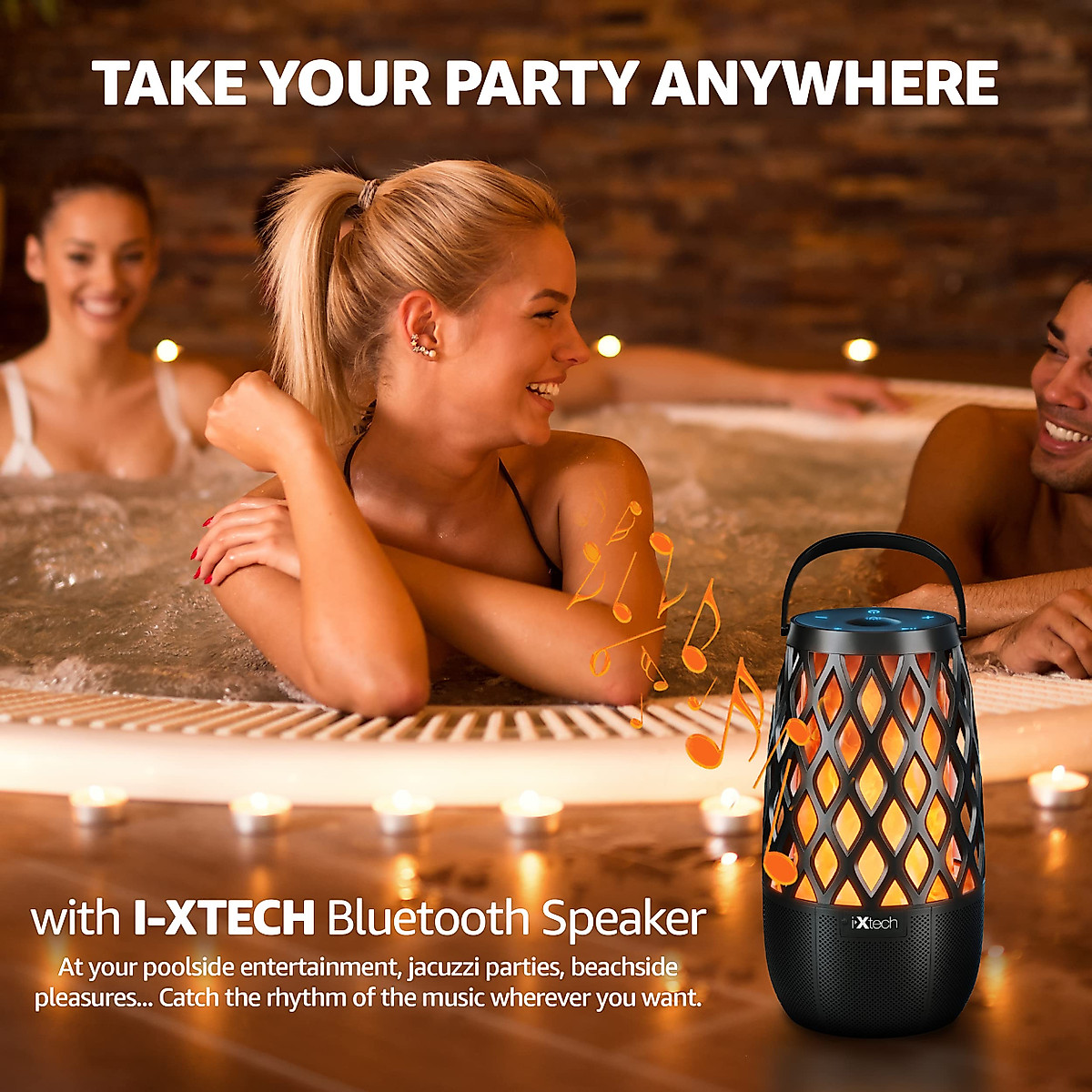 IXTECH Outdoor Bluetooth Speaker Waterproof Wireless with LED Flame Light, Shower Bluetooth Speaker for Camping Patio Home Decor, Gifts for Couples Dads Moms Wall Mount&Hook&Stake.