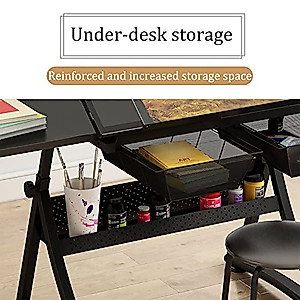 VejiA Glass Drafting Table, Height Adjustable Drawing Desk with Stool, Tiltable Desk Art Table 0°-50°, Tempered Glass Top Painting Desk, Art Craft Work Station, with