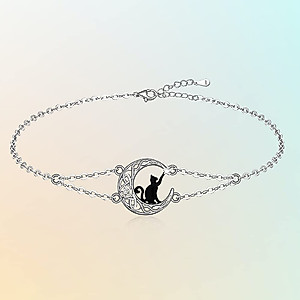Black Cat Bracelet Sterling Silver Charm Celtic Moon Cat Friendship Matching Bracelets for Women Cute Animal Fun Kitten Halloween Cats Lover Gifts
