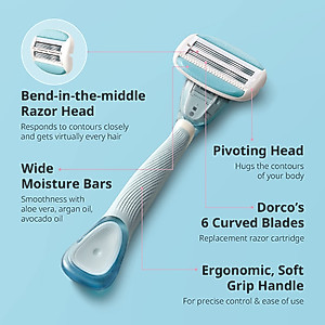 Dorco EVE6 Razors for Extra Smooth Shaving | 1 Razor Handle & 2 Blade Refills | 6 Curved Blades with Flexible Aloe Vera Moisture Bar | Interchangeable Cartridges for Sensitive Skin