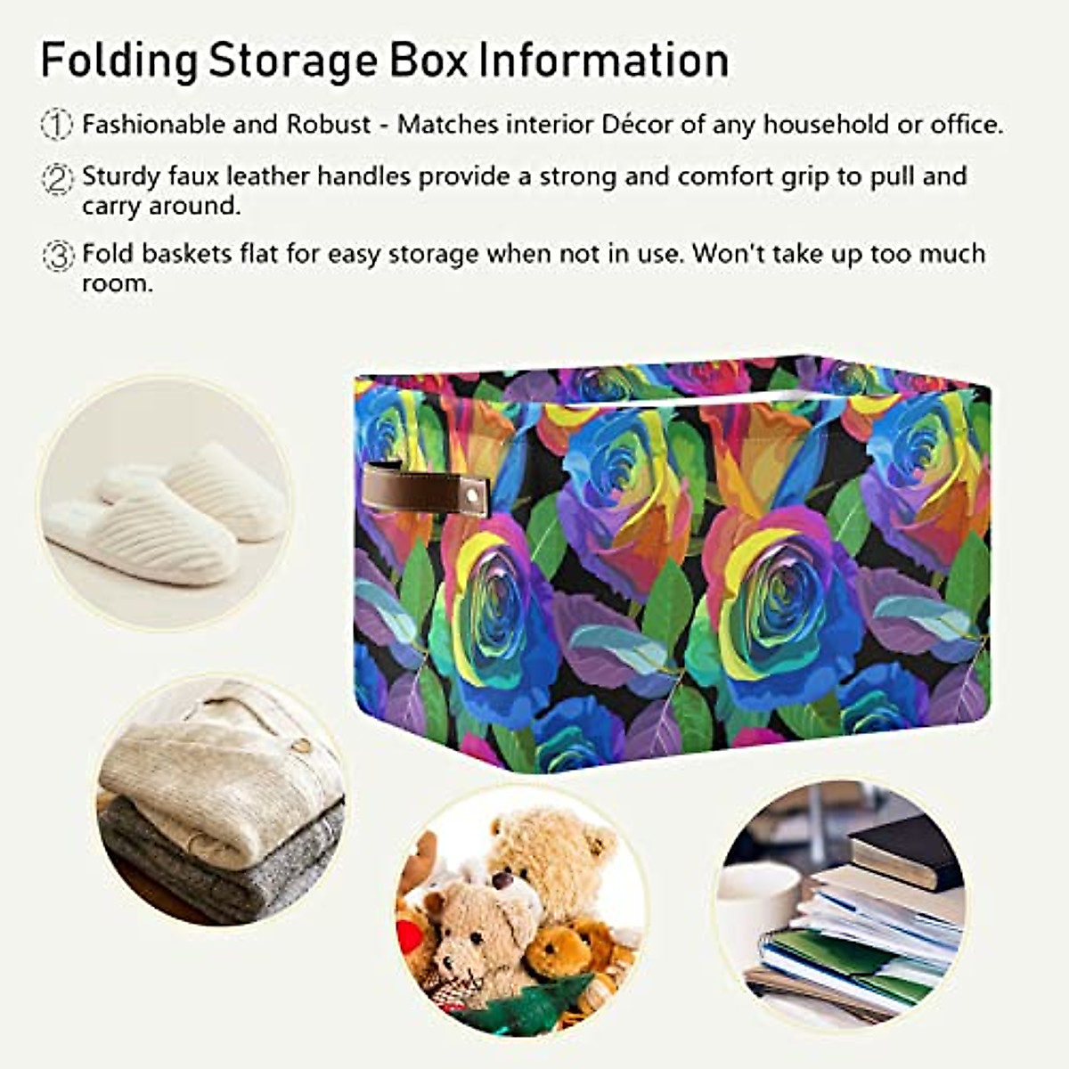 ALAZA Rainbow Rose Flower Leaves Large Storage Baskets with Handles Foldable Decorative 2 Pack Storage Bins Boxes for Organizing Living Room Shelves Office Closet Clothes