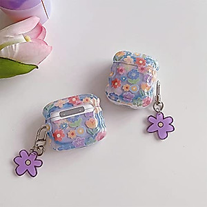 Purple Flower Pattern Cool Shockproof Case for AirPods 3rd Generation 2021 Shock-Absorbing Protective Cover with Pendant Case for Women Girls Men Boy for AirPods 3